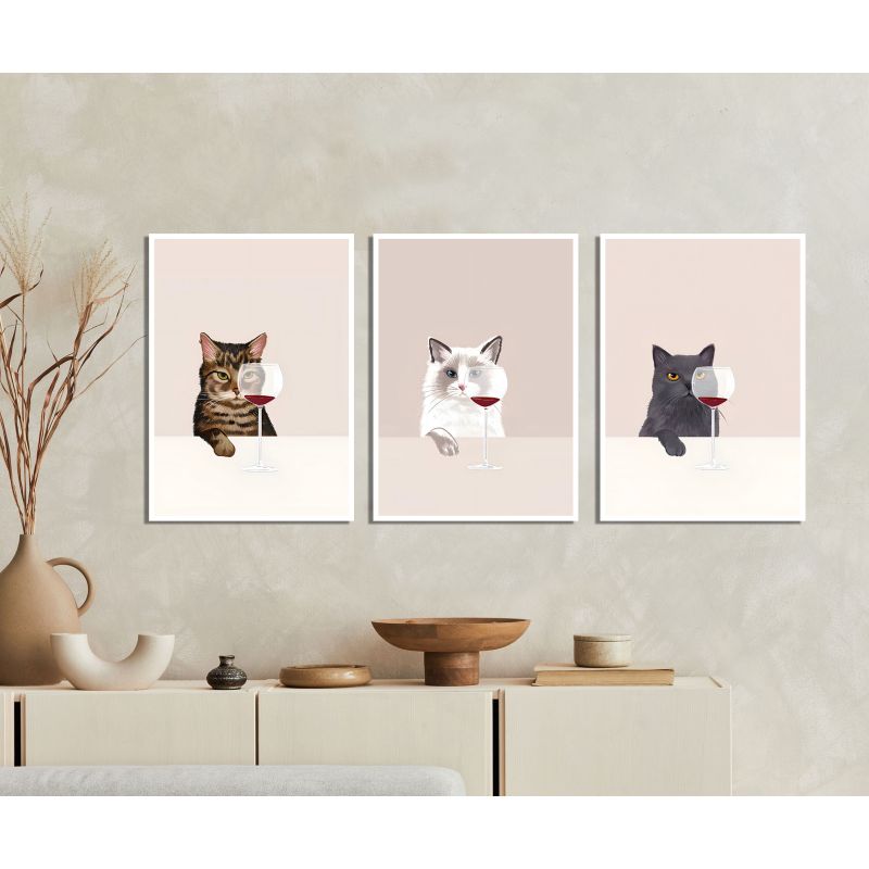 Posters - Katten met een glas wijn / Set van 3