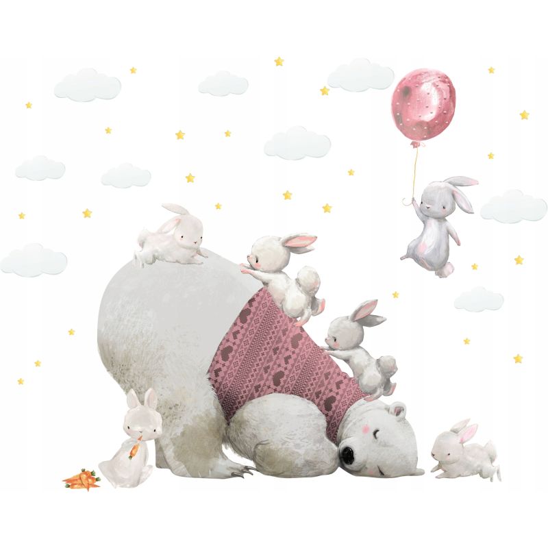 Muursticker - Slapende beer en konijntjes